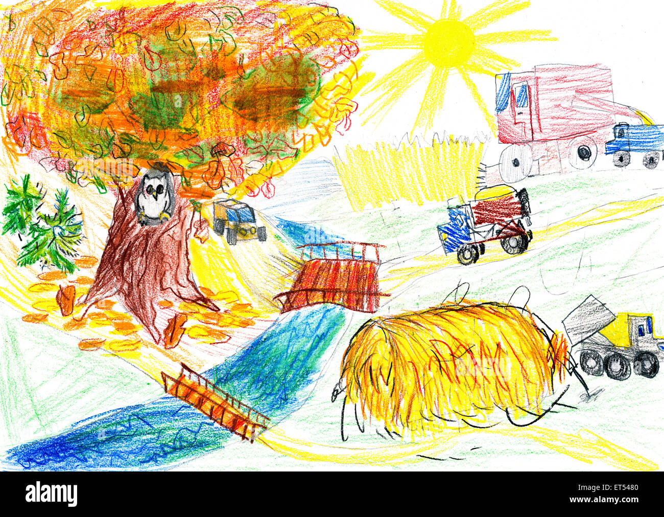 Autumn landscape and harvest. child's drawing Stock Photo - Alamy