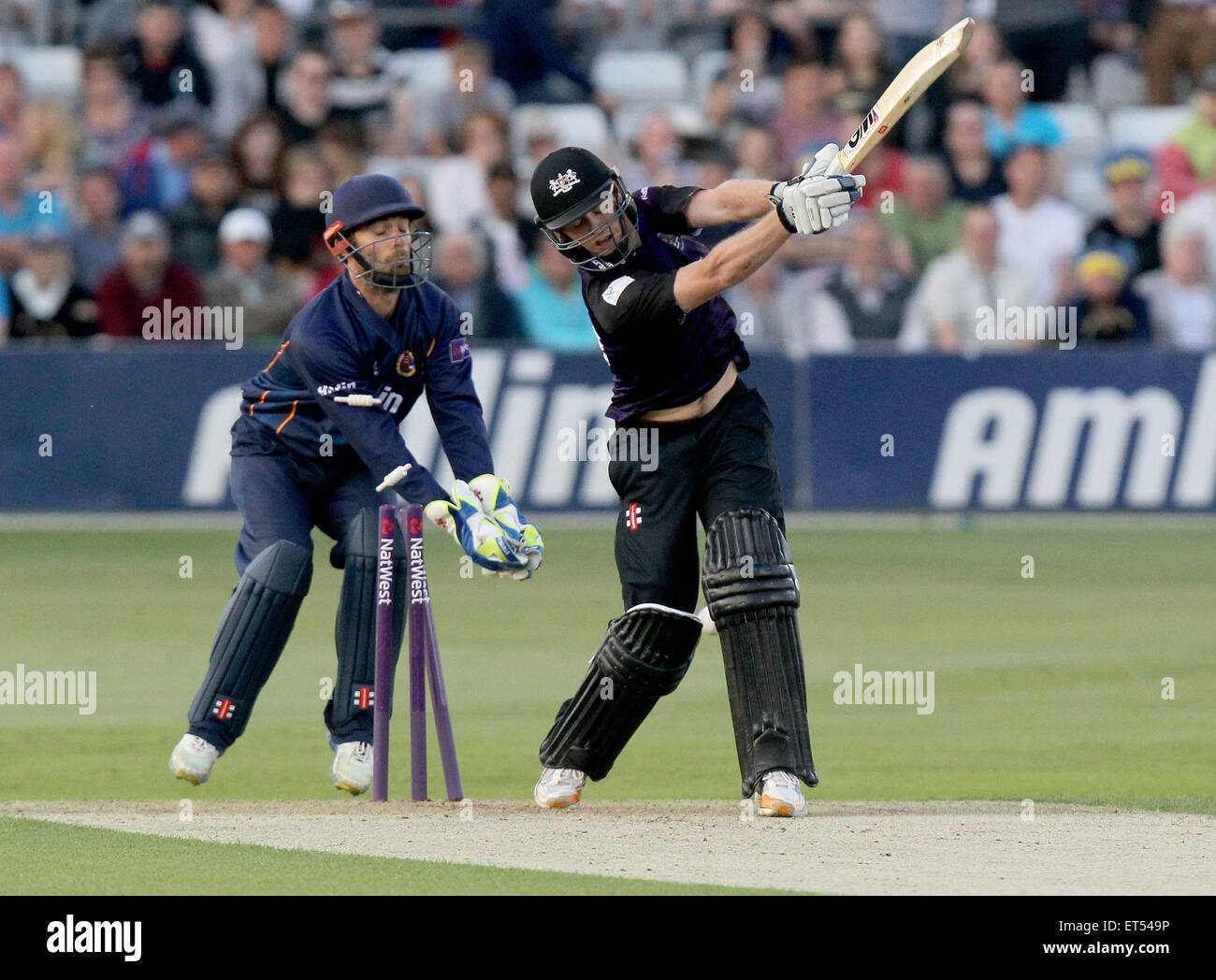 Chelmsford, UK. 11th June, 2015. Ian Cockbain is bowled by David ...