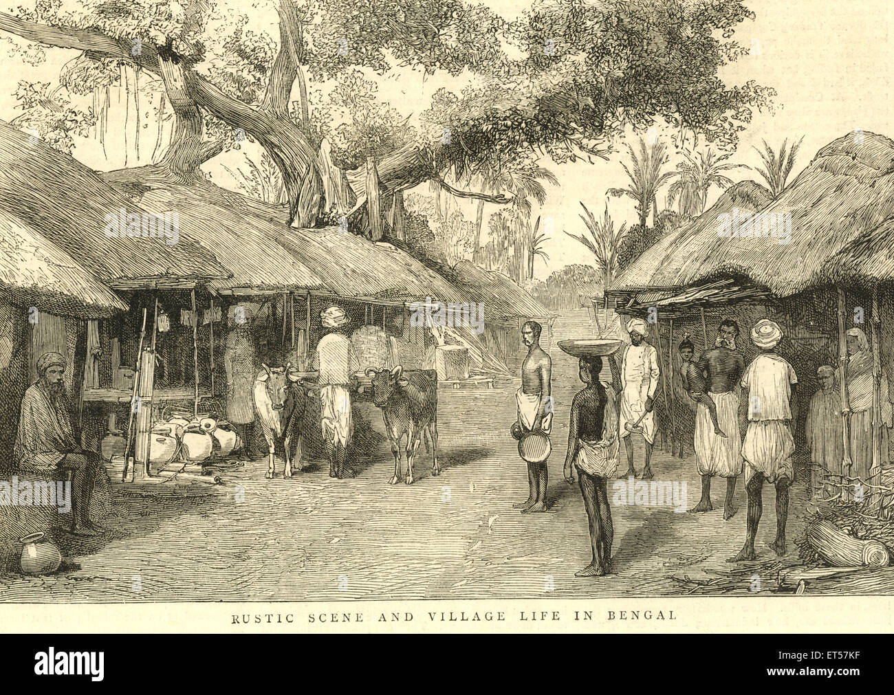 Rustic scene and Village live in Bengal, India, old vintage 1800s ...