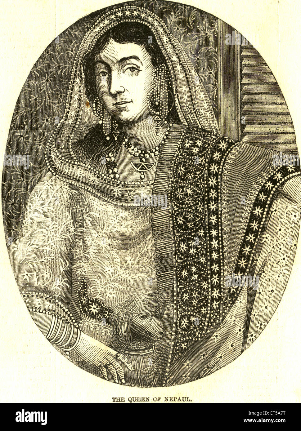 Queen of Nepal with dog ; Asia ; old vintage 1800s engraving Stock ...