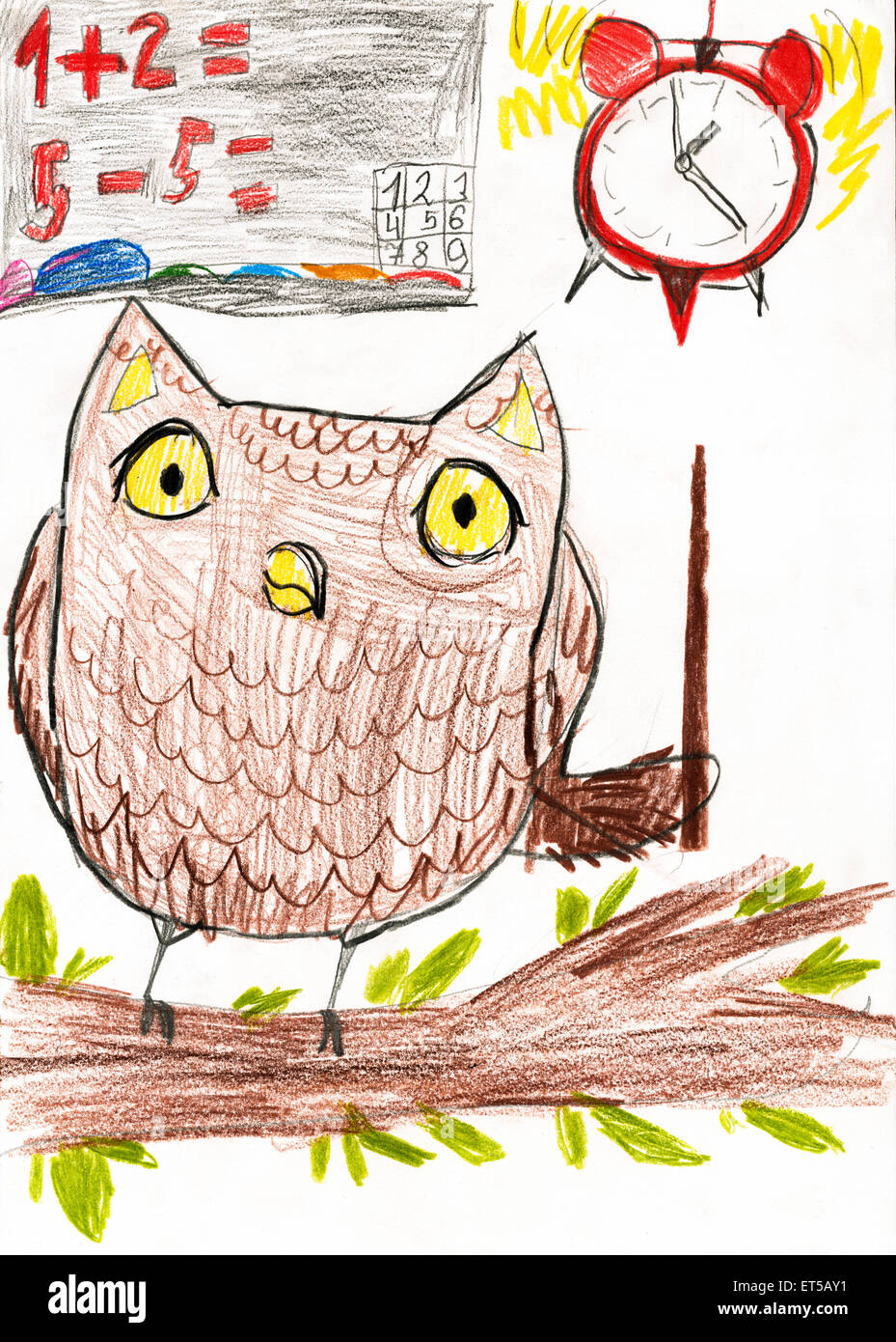 owl teaches math. children drawing Stock Photo - Alamy