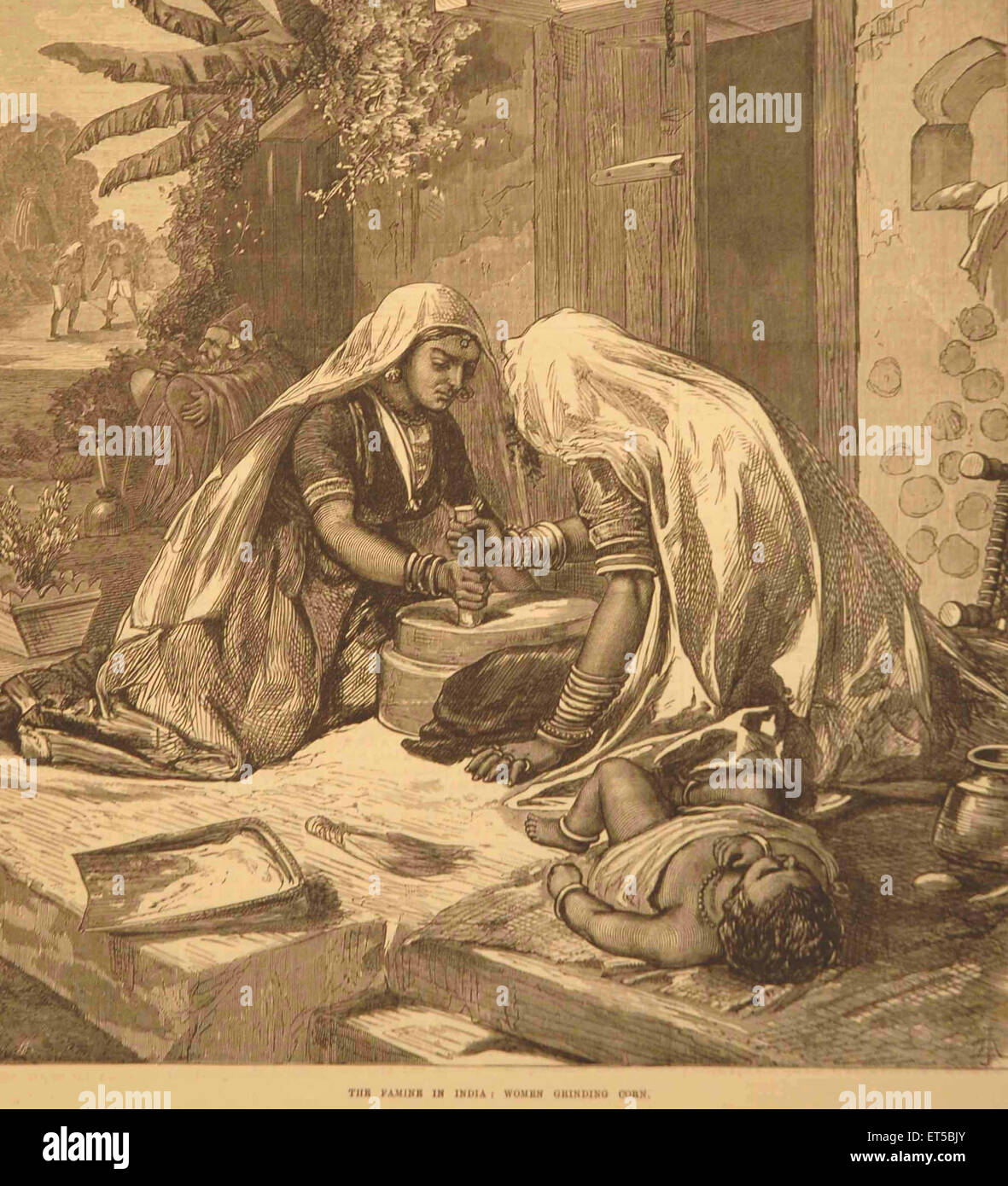 Lithographs The Famine in India women grinding corn ; India Stock Photo ...