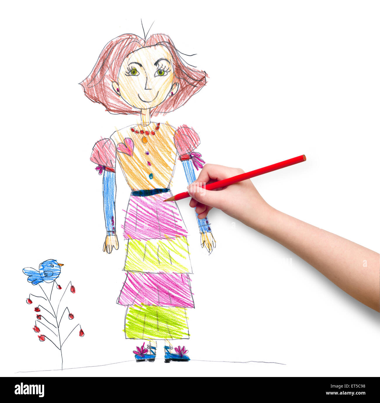 girl and and bird on bush. child drawing Stock Photo - Alamy