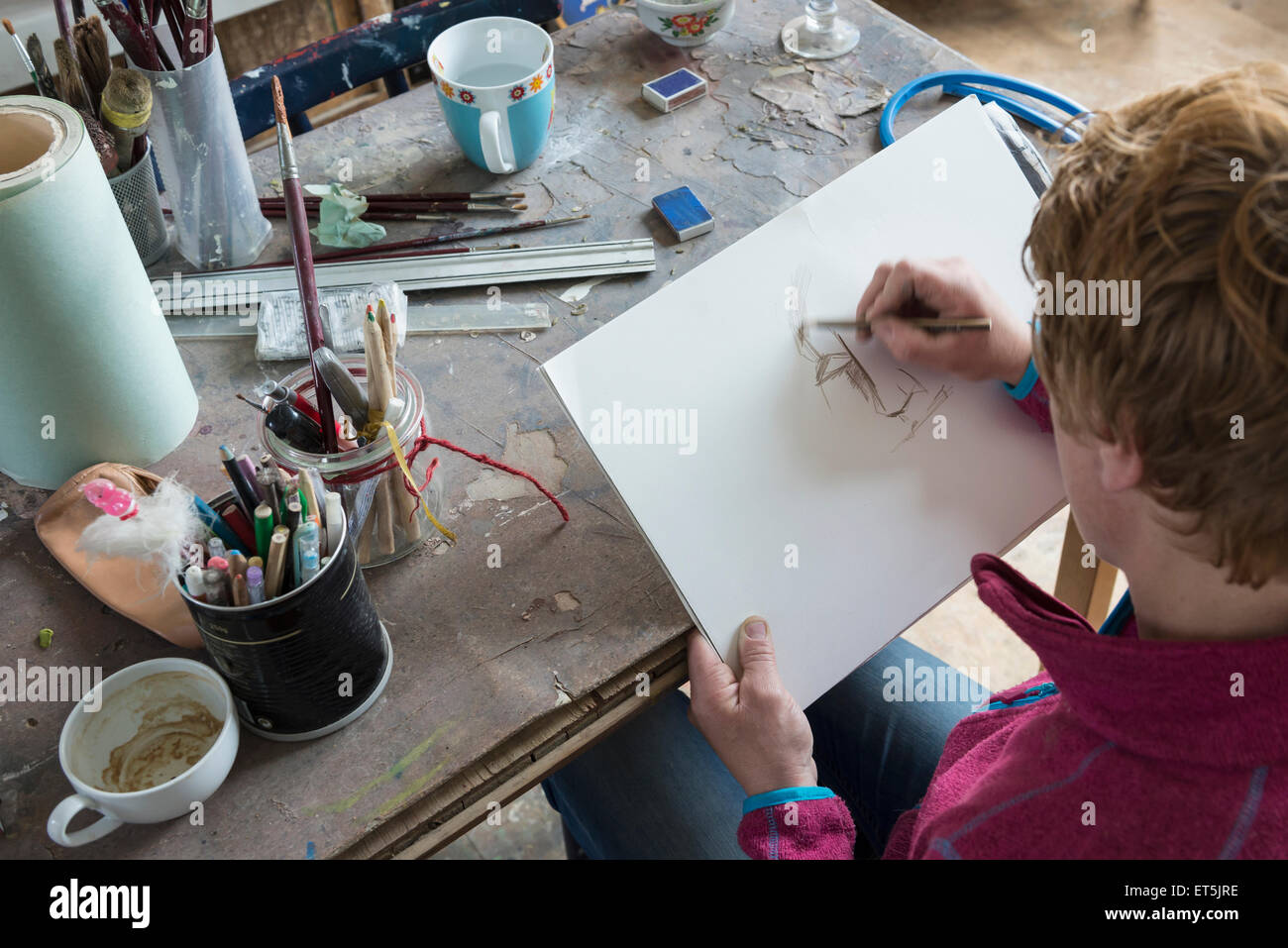 Female artist making sketch in art studio, Bavaria, Germany Stock Photo ...