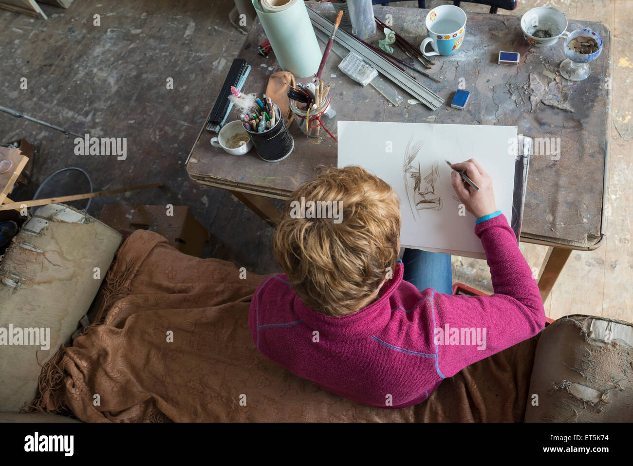 Female artist making sketch in art studio, Bavaria, Germany Stock Photo ...