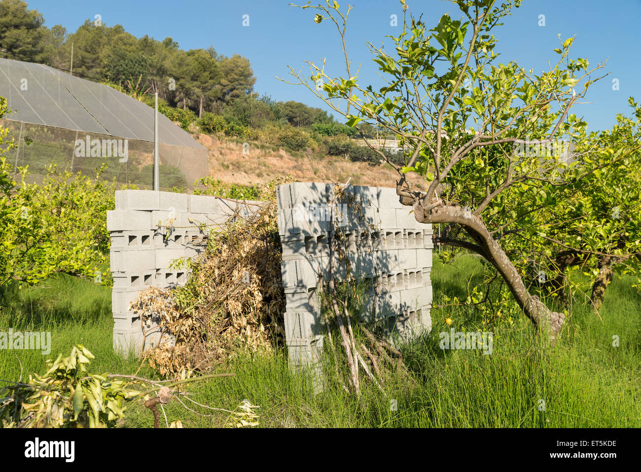 Agricultural burner made of concrete blocks and filled with waste from ...