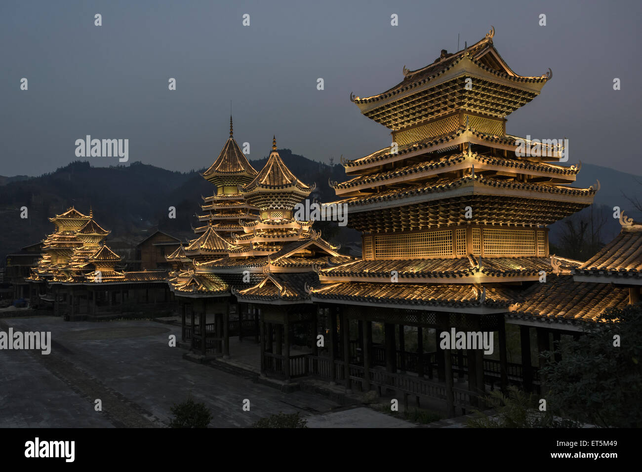 Entry gates at dusk, Zhaoxing Dong Village, Guizhou Province, China ... Entry gates at dusk, Zhaoxing Dong Village, Guizhou Province, China ...