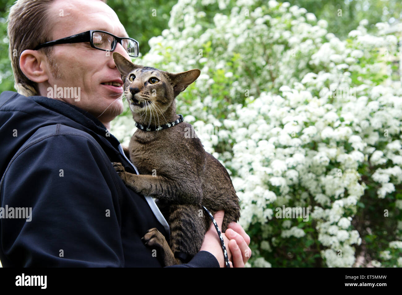 man hug his cat outdoor Stock Photo - Alamy