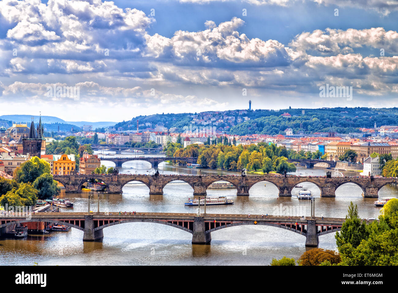 Scenic view of bridges on the Vltava river and of the historical center ...