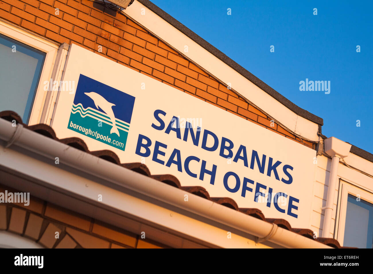 Sandbanks Beach Office Borough of Poole sign at Sandbanks beach, Poole ...