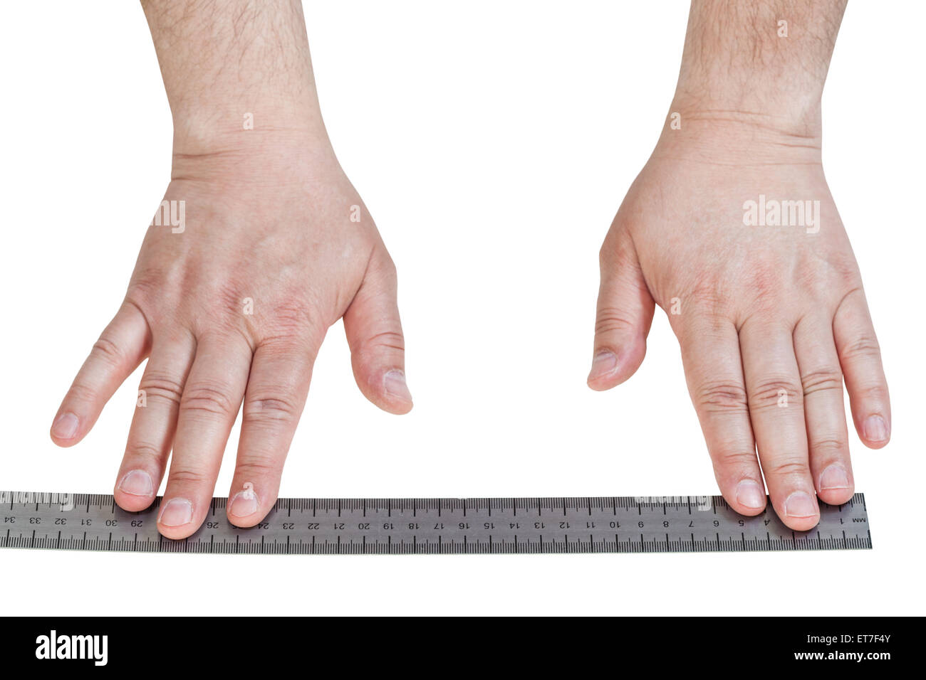 male hands with metallic ruler line isolated on white background Stock ...