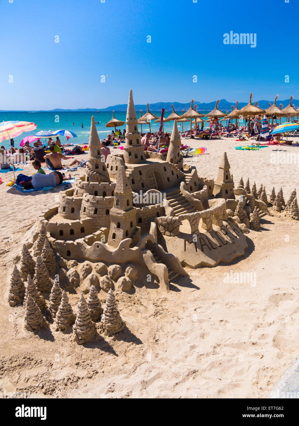 Spain, Baleares, Mallorca, El Arenal, Platja de Palma, sandcastle Stock ...