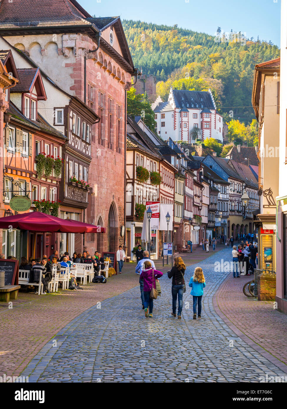 Germany, Miltenberg, view to alley of historic old town with Mildenburg ...