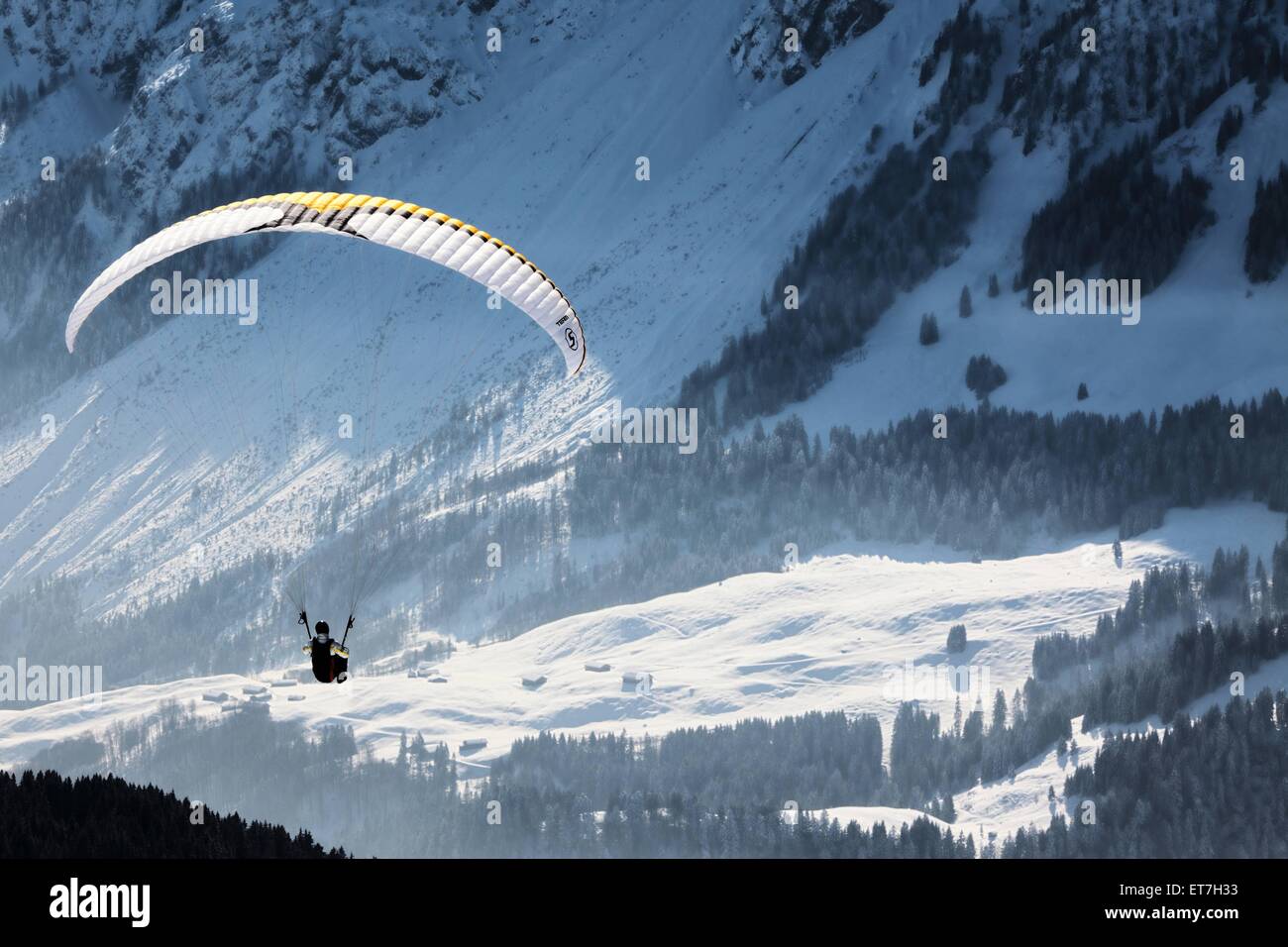 Paragleiter fliegt ueber winterlicher Berglandschaft, Diedamskopf ...