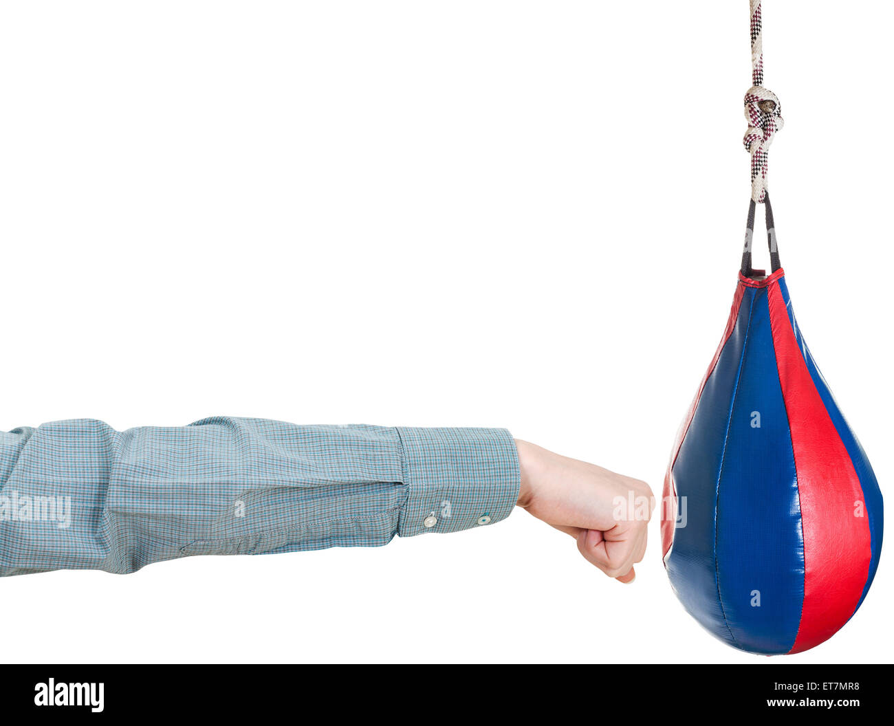 hand gesture - office worker punches punching bag isolated on white ...