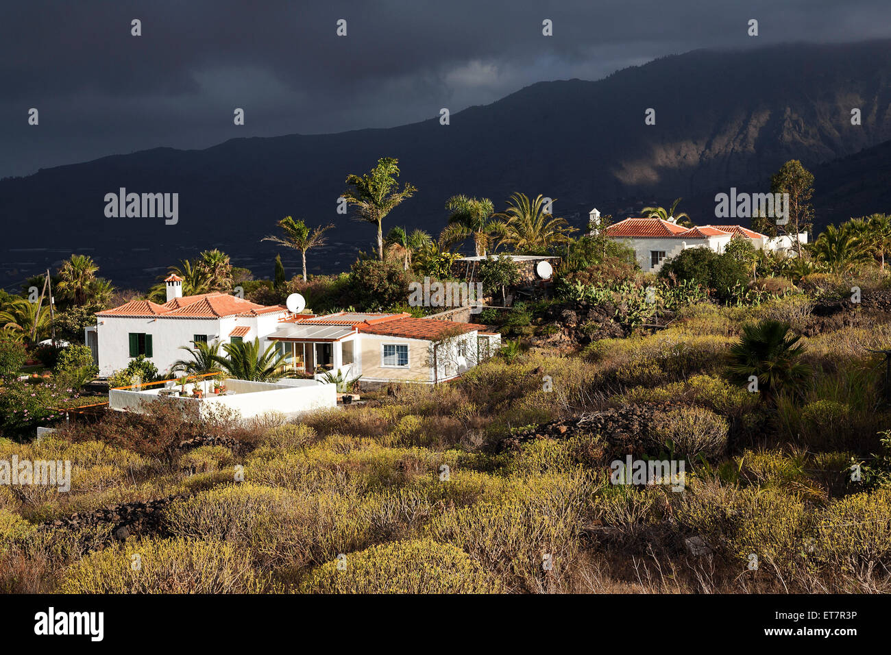 Finka in the evening light with a stormy sky, Caldera de Taburiente ...