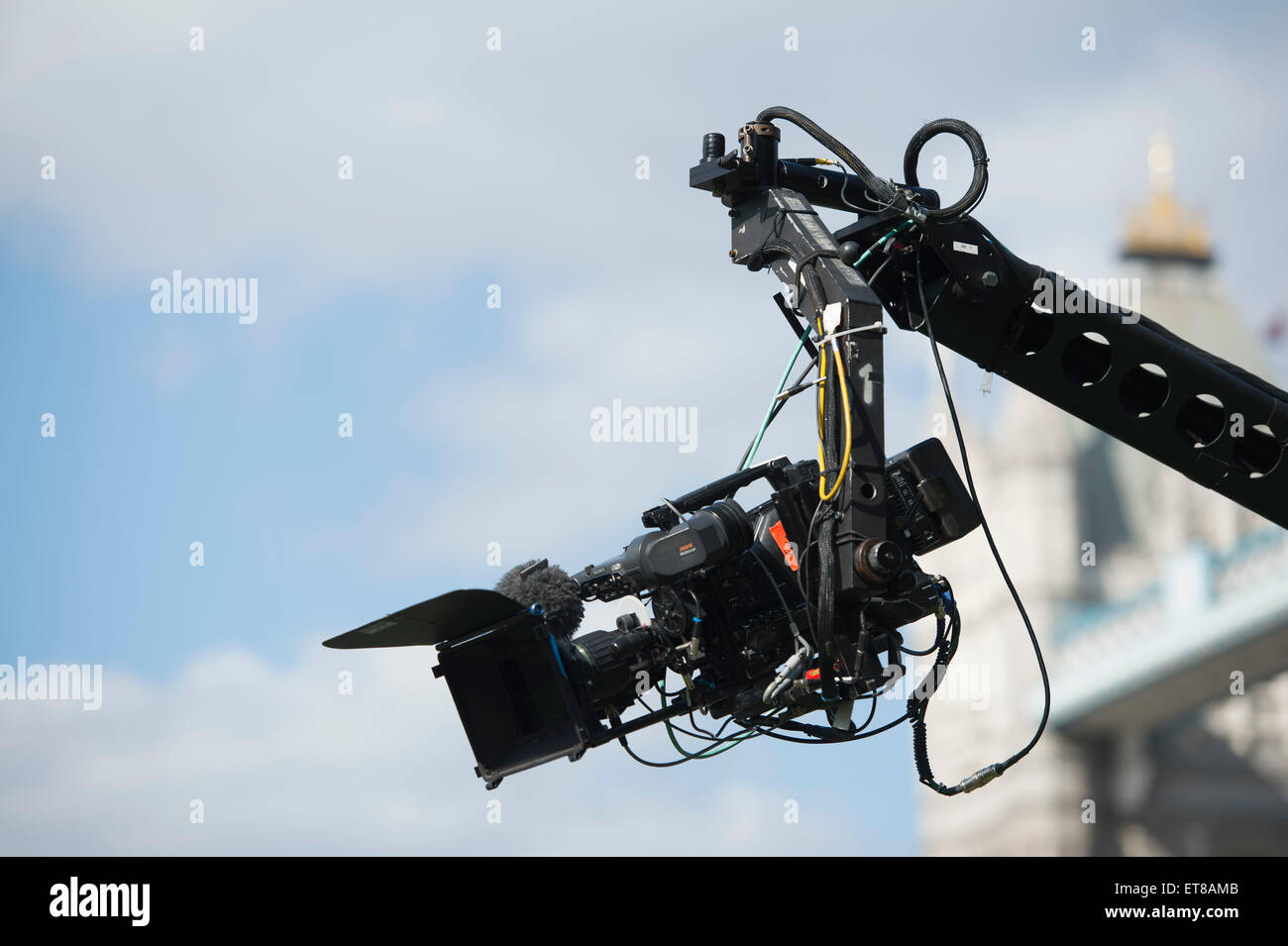 A television TV Camera on a jib on a sunny day by Tower Bridge in ...