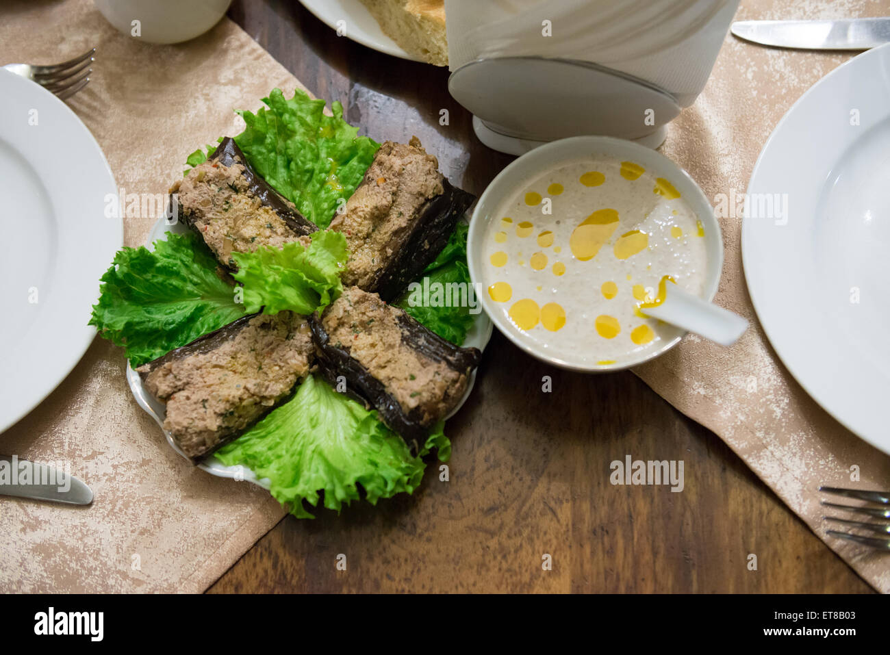 Georgian traditional food dish called Pkhali with of chopped vegetables ...