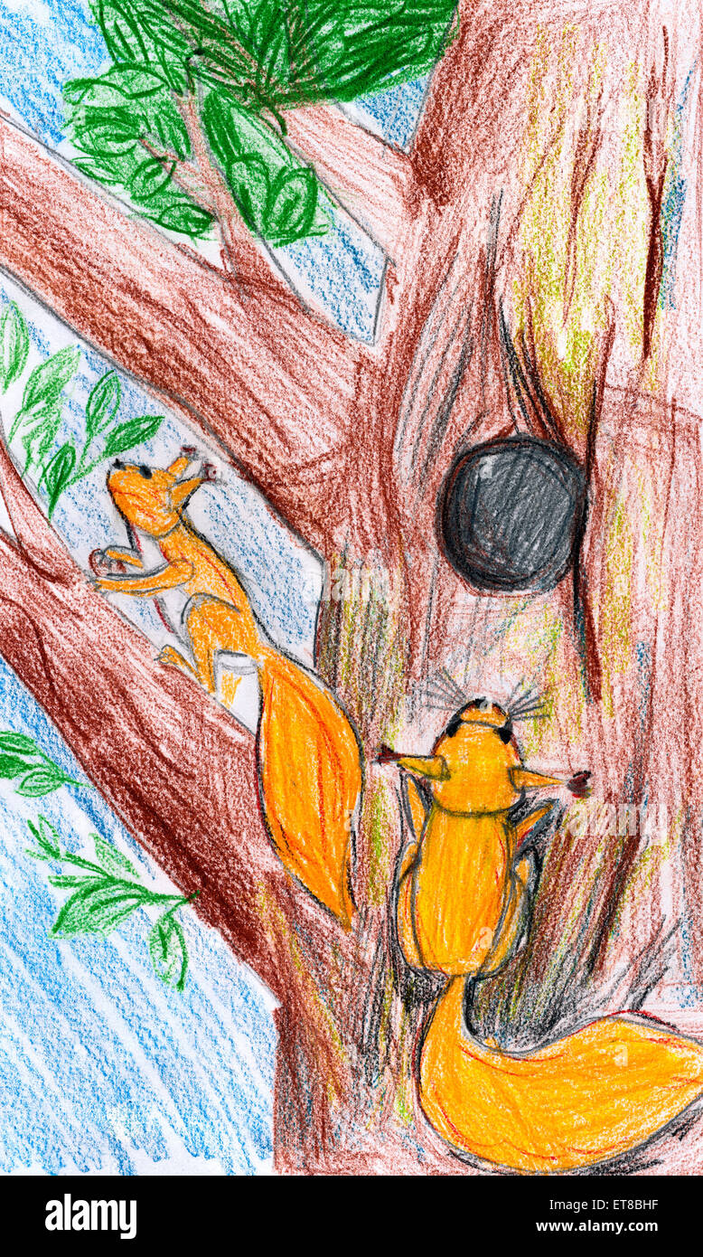 squirrel on a tree. child drawing Stock Photo - Alamy