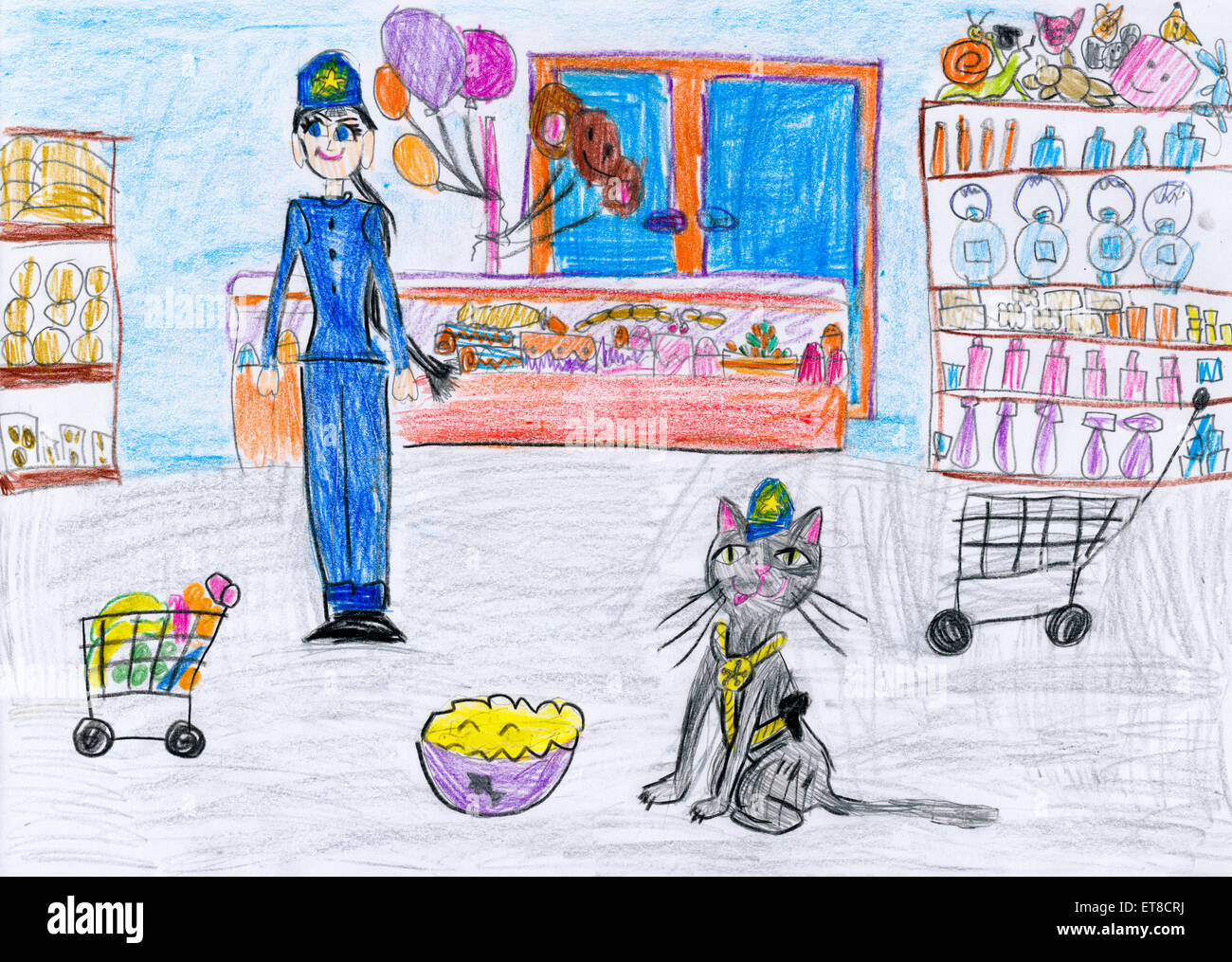 cat and a girl in the shop. child drawing Stock Photo - Alamy