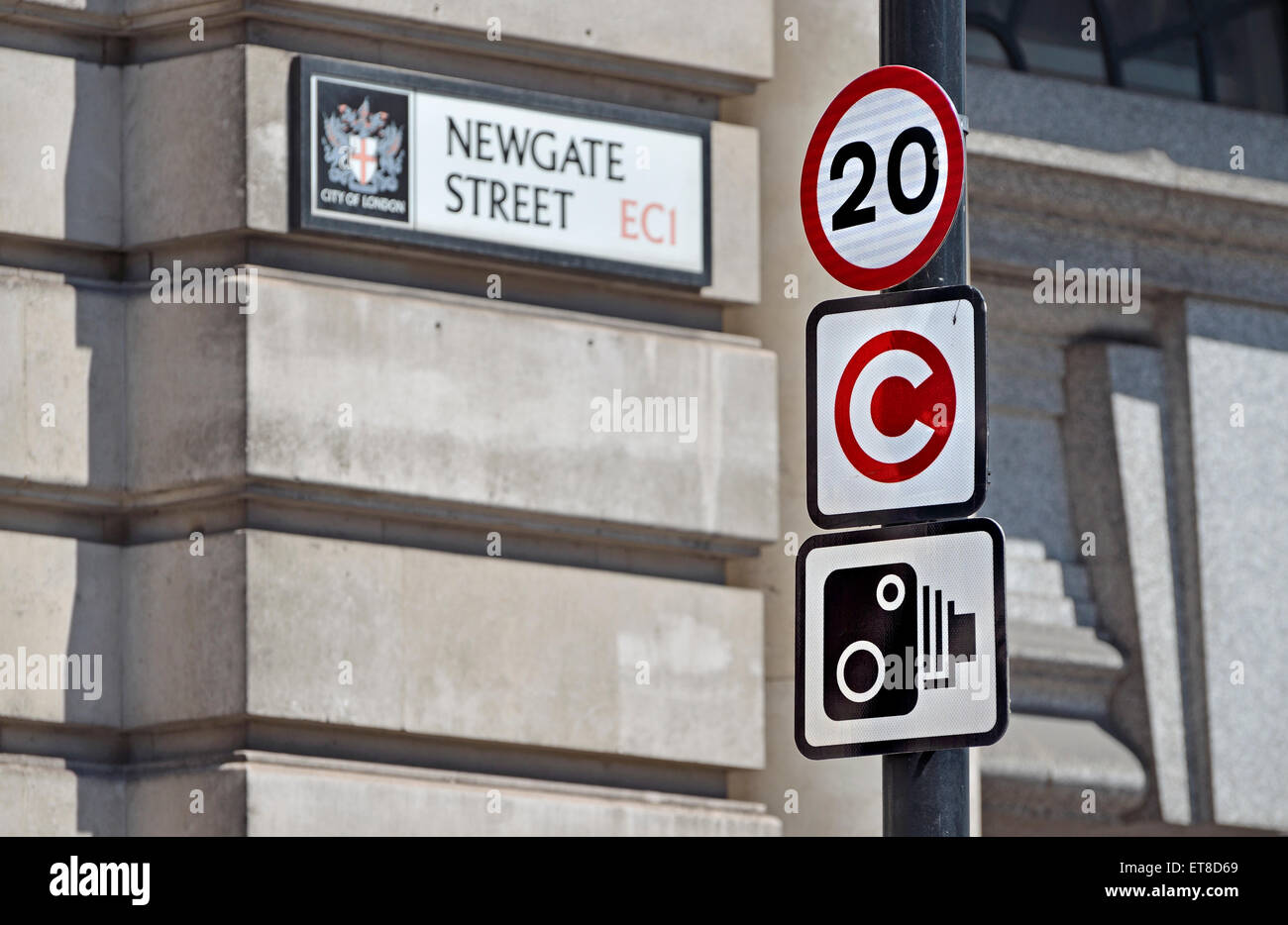 London, England, UK. Traffic signs in Newgate Street - 20 mph limit ...