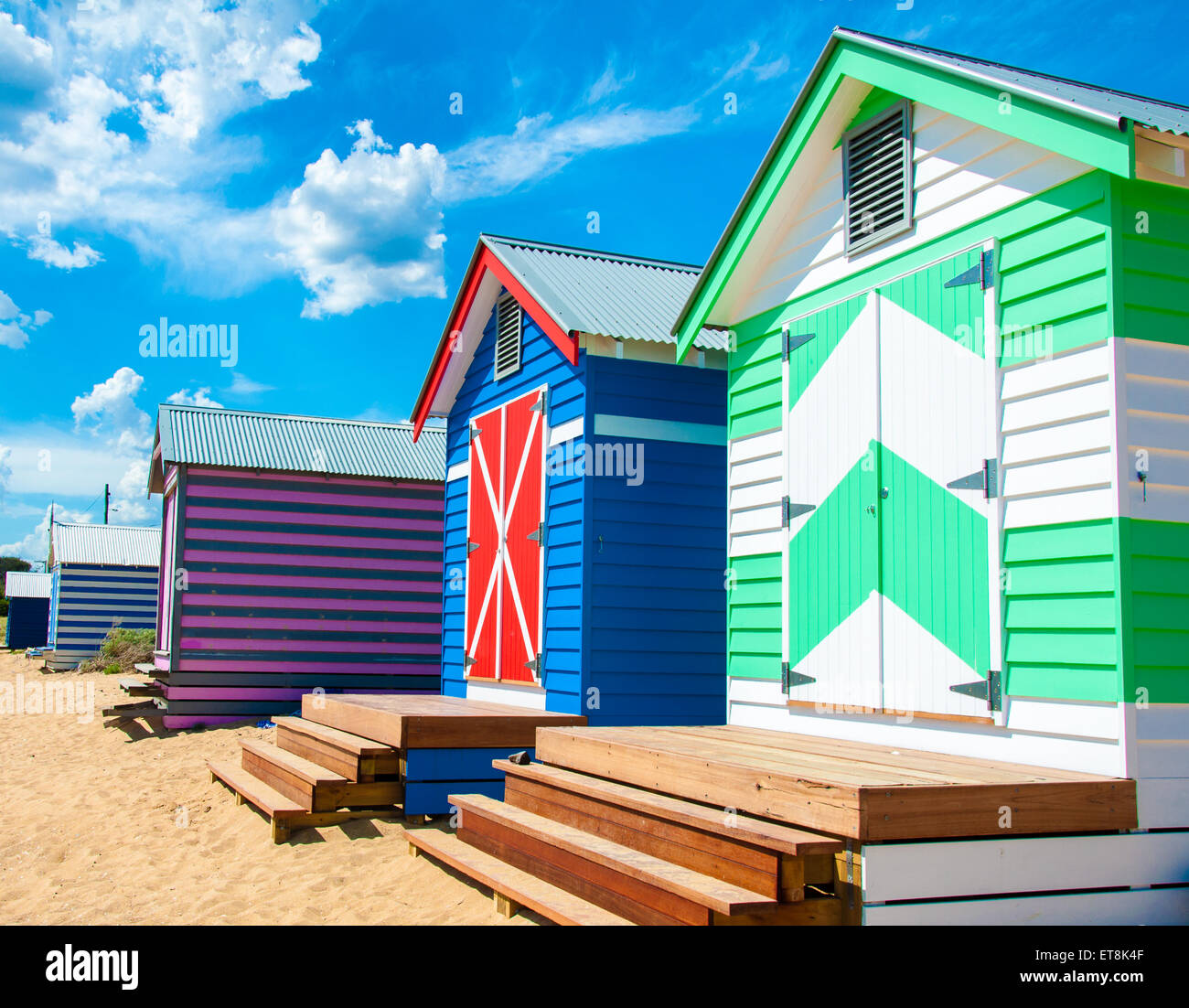 Bathing houses at Brighton Beach, Australia. View of colorful beach ...