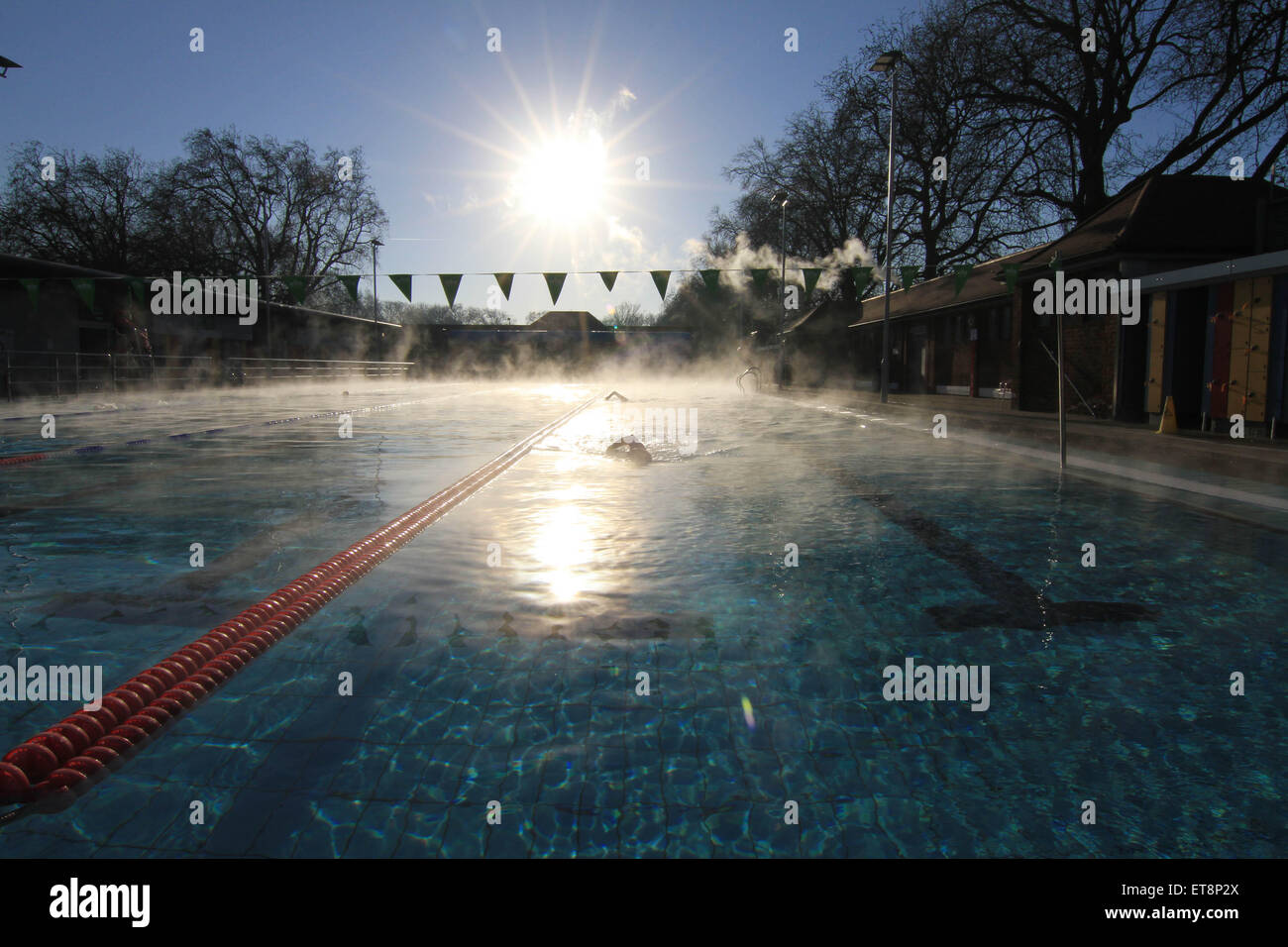 Frosty weather East London, Hackney. Featuring: View, swimmers in ...