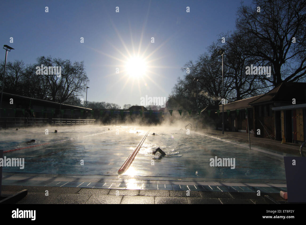 Frosty weather East London, Hackney. Featuring: View, swimmers in ...