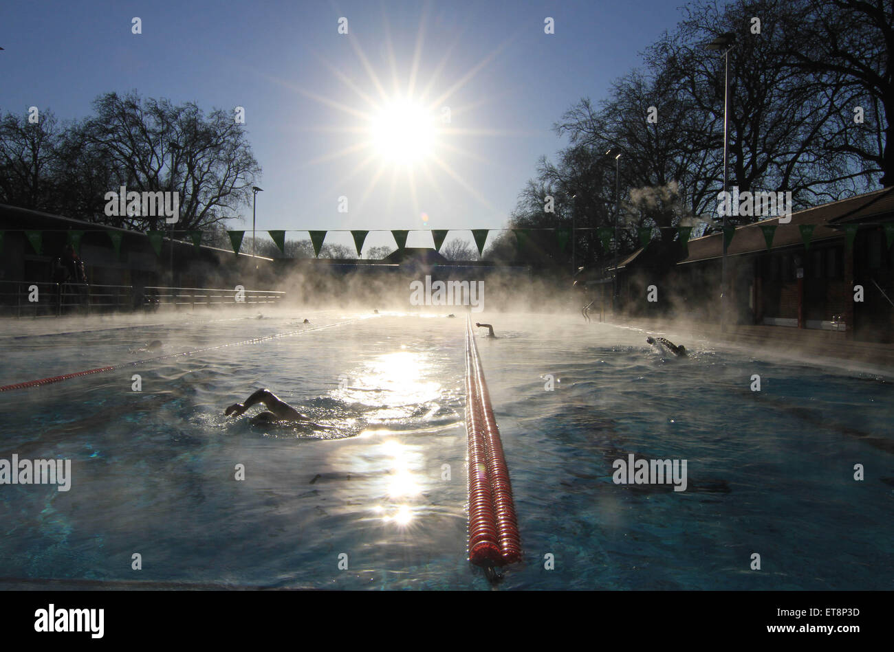 Frosty weather East London, Hackney. Featuring: View, swimmers in ...