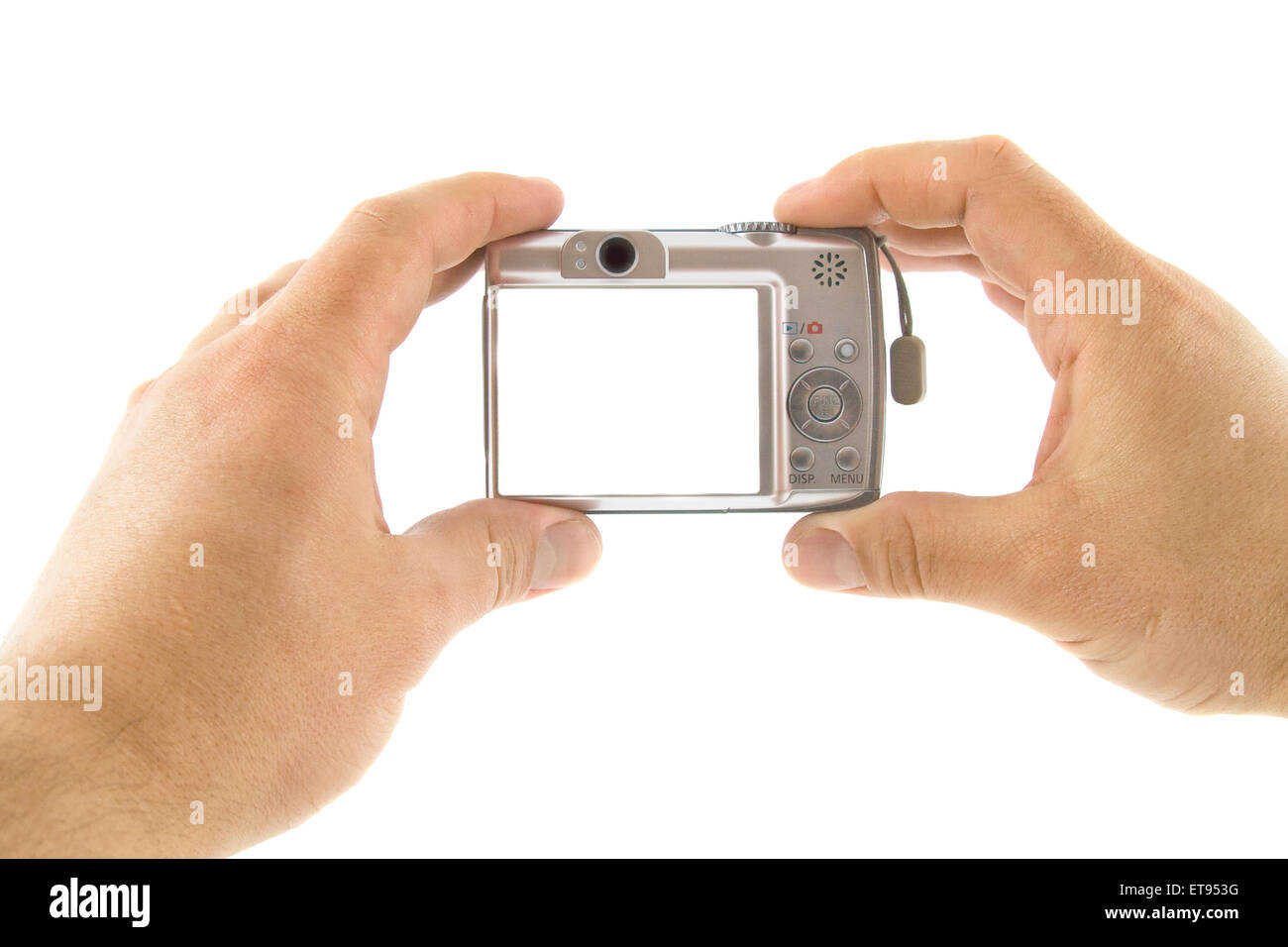 The digital camera in a hands isolated over white background Stock ...