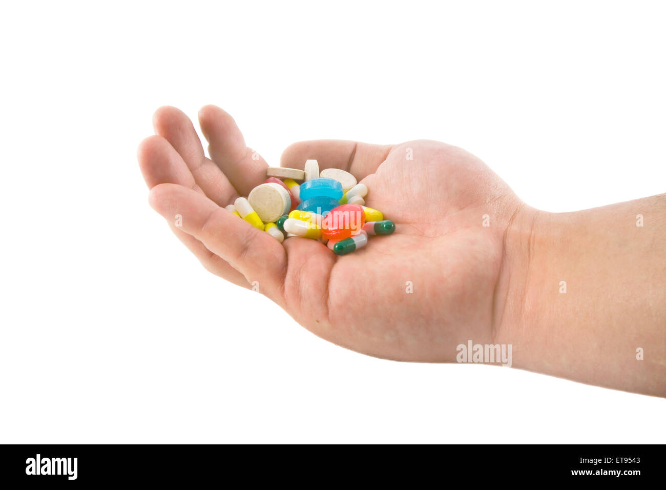 Hand with pills and tablets isolated on white background Stock Photo ...