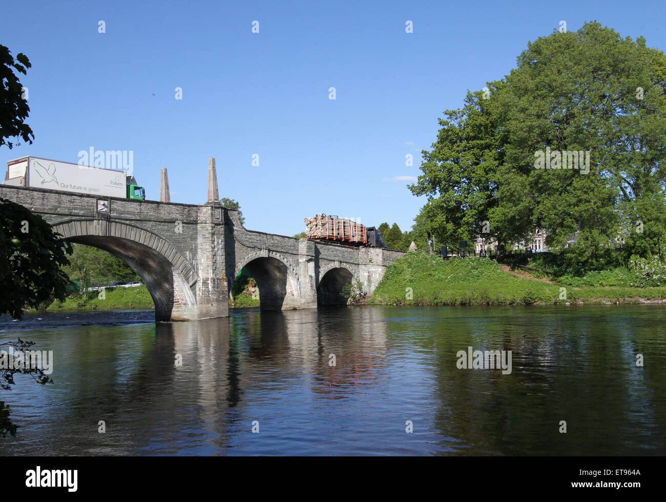 Trucks crossing General Wade's bridge over River Tay Aberfeldy Scotland ...