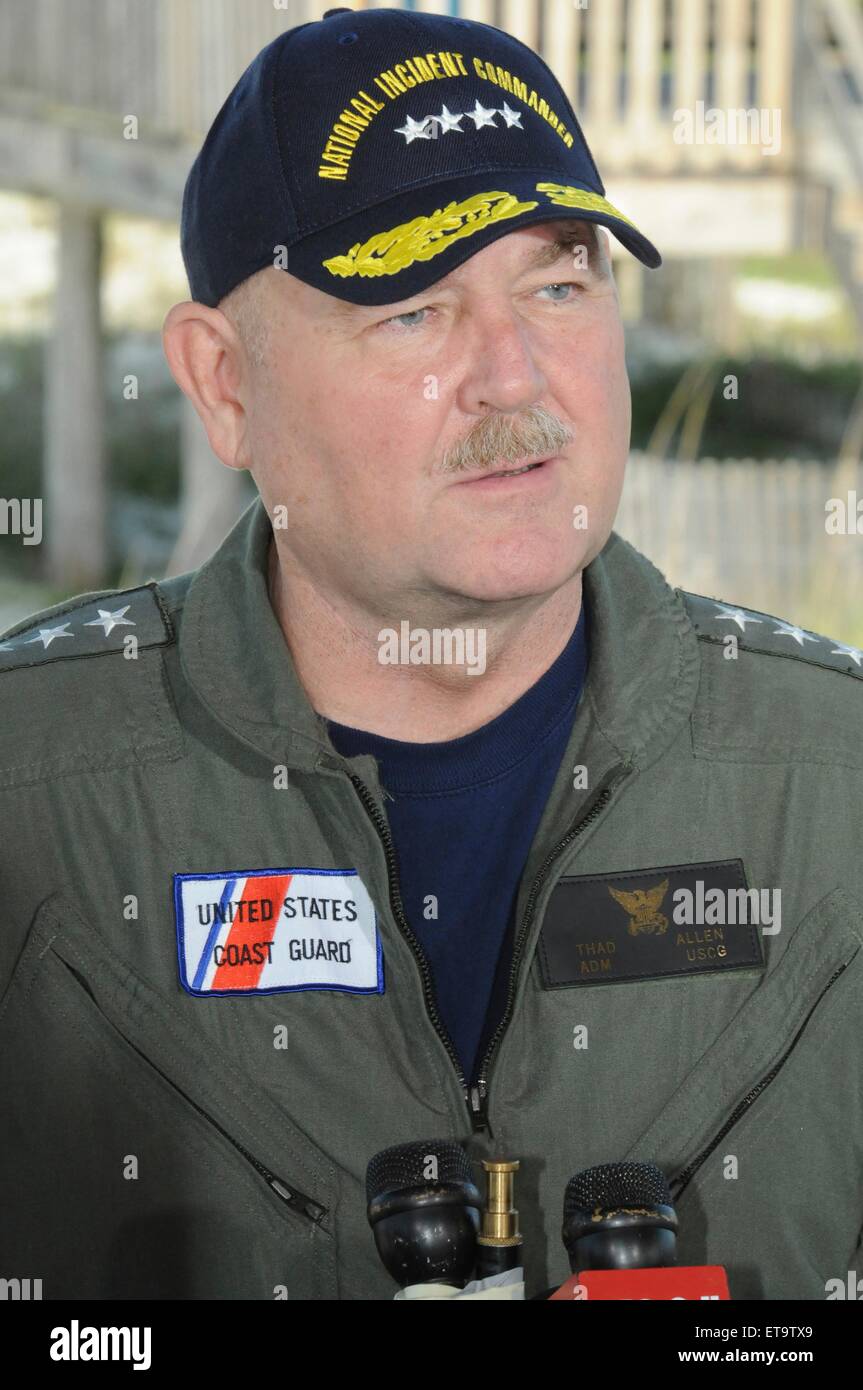 U.S. Coast Guard Commandant Adm. Thad Allen answers questions during a ...