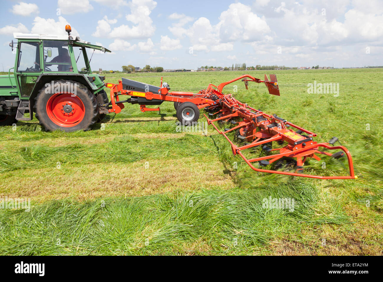 red hay turner behind tractor in green meadow in the netherlands Stock ...