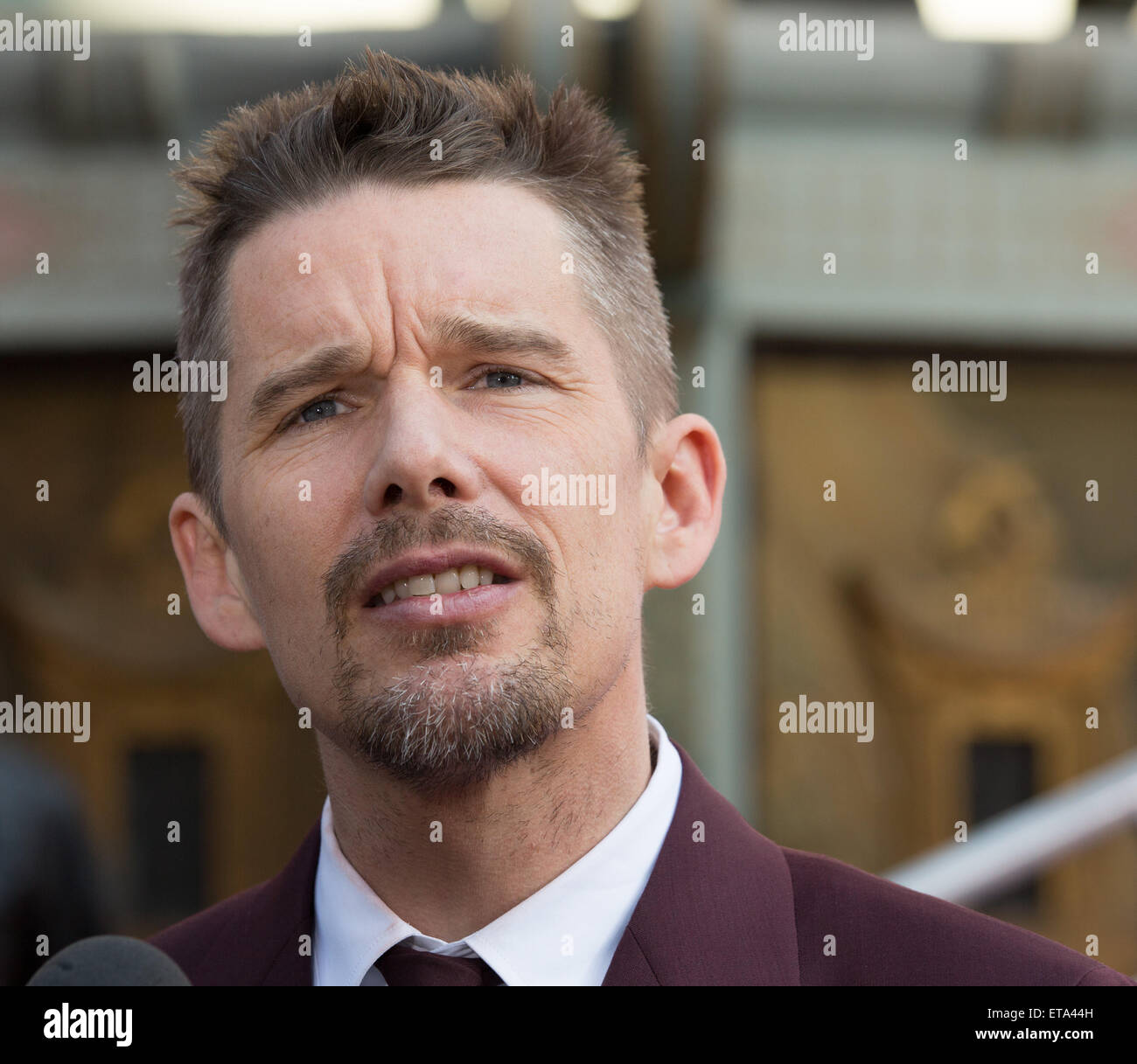 Actor Ethan Hawke places handprints and footprints in cement during his ...
