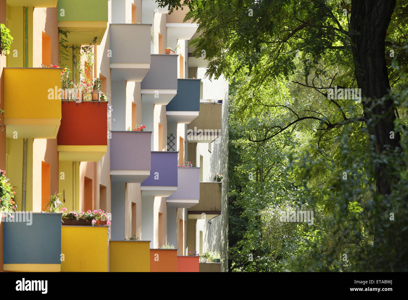 Berlin, Germany, colorful balconies of a residential buildings in the ...