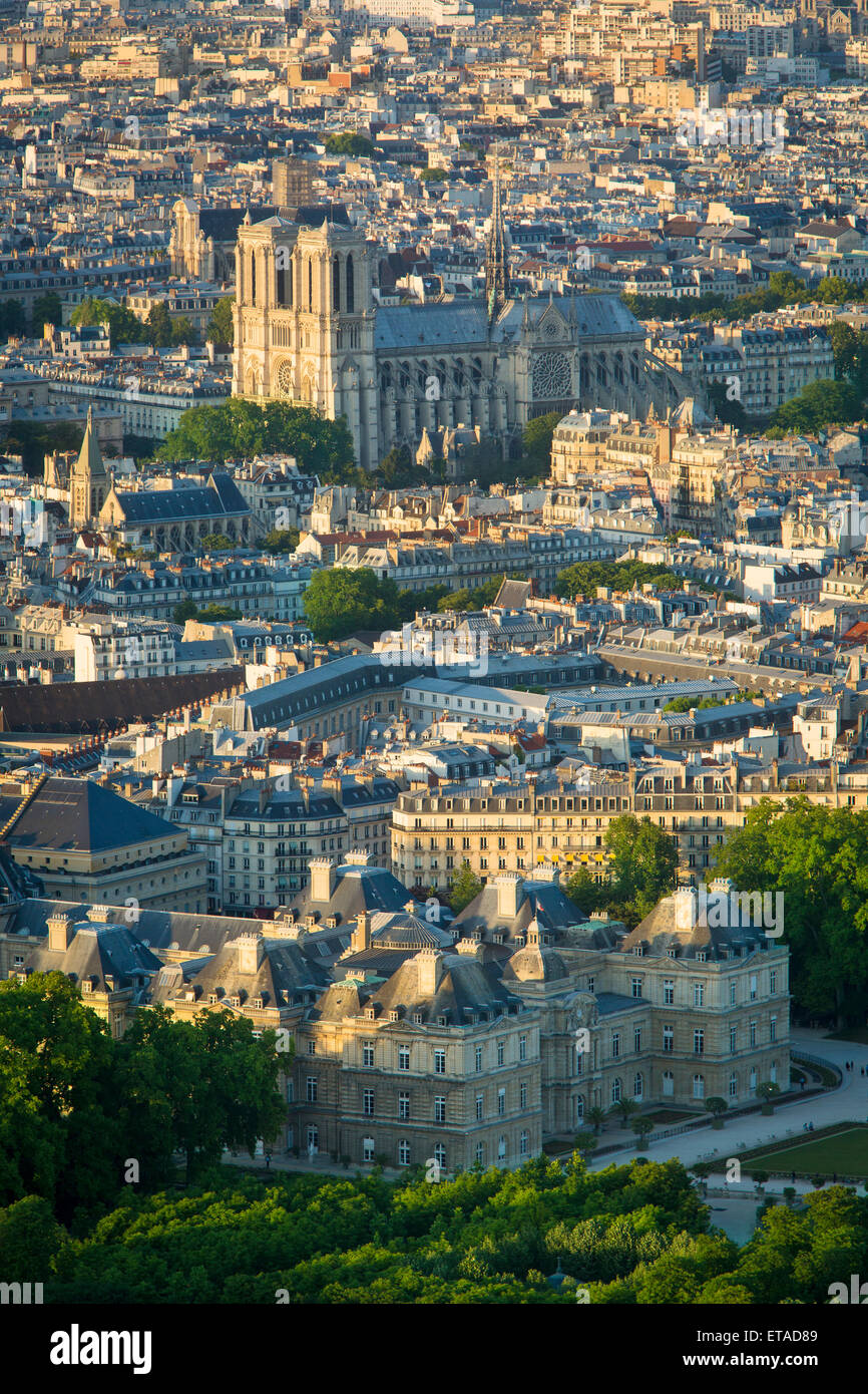 Overhead view of Paris with Cathedral Notre Dame and Palais Luxembourg ...