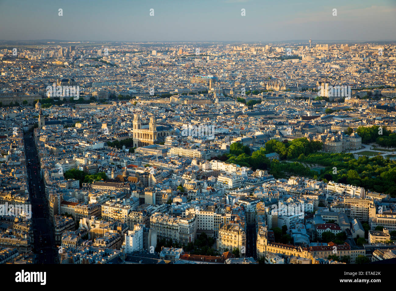 Overhead view of Eglise Saint Sulpice and the buldings of Paris, France ...