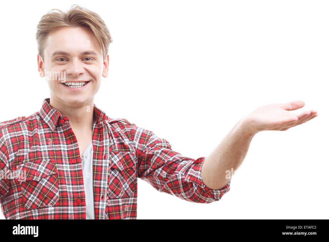 Cheerful guy rising his hand Stock Photo - Alamy