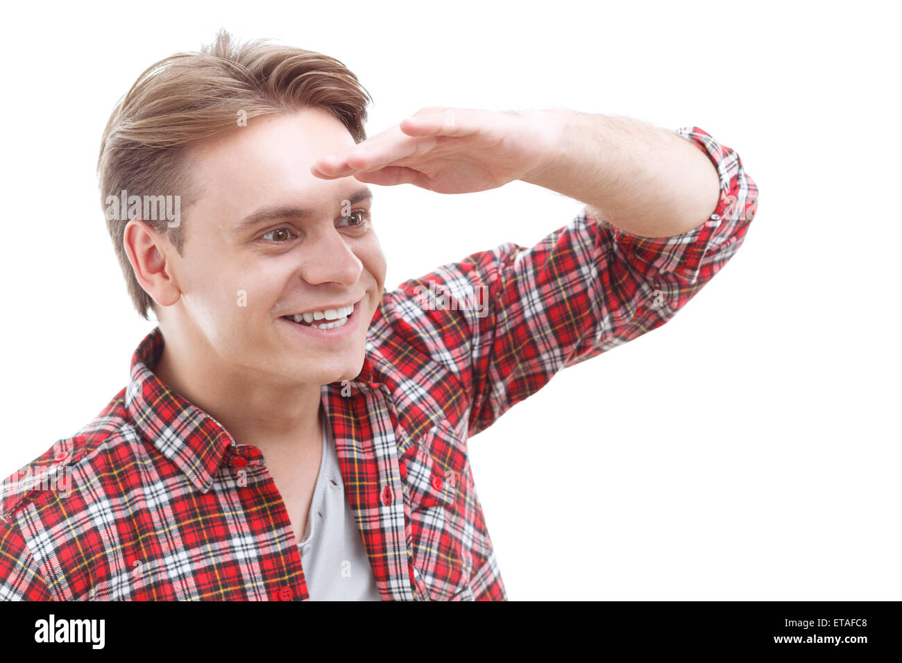 Exited guy looking for people Stock Photo - Alamy