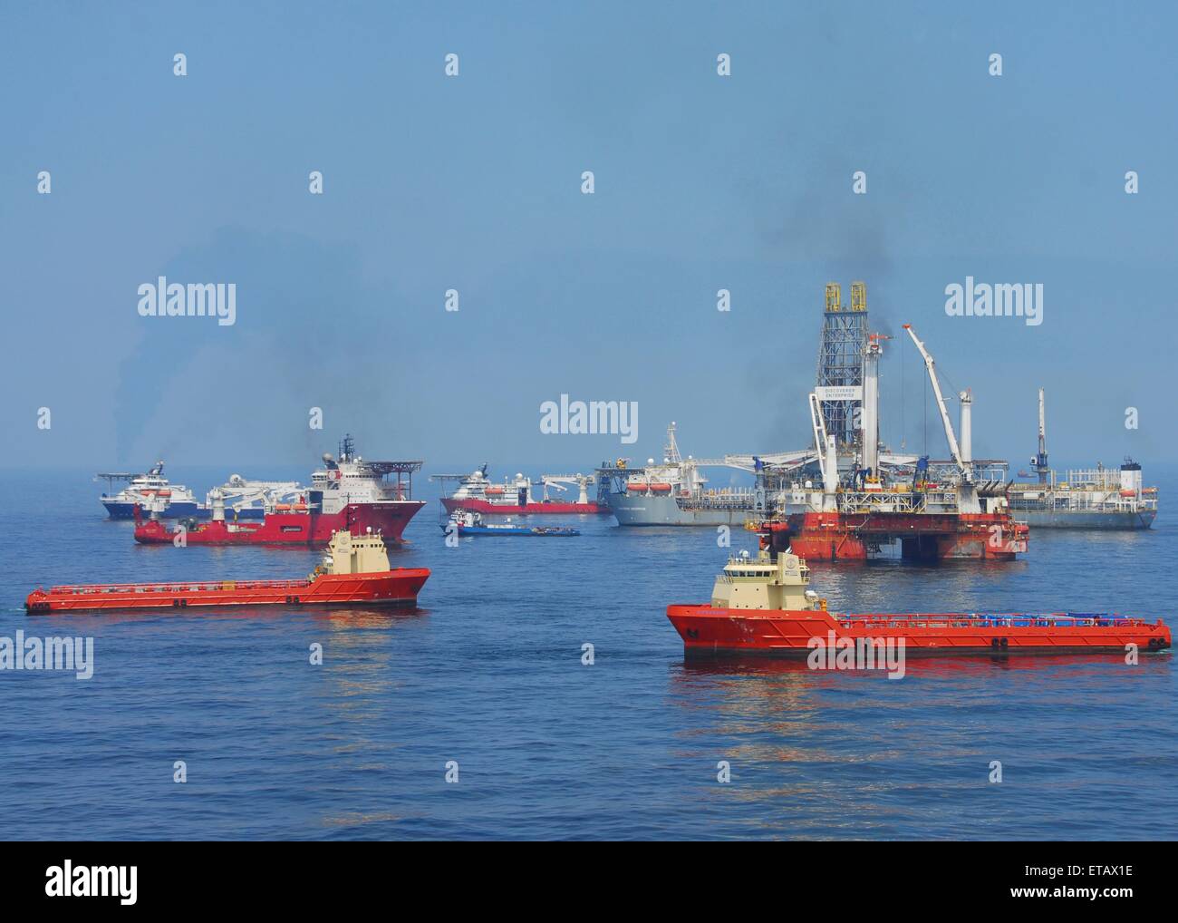 The drill ship Discover Enterprise continues to capture oil and burn ...