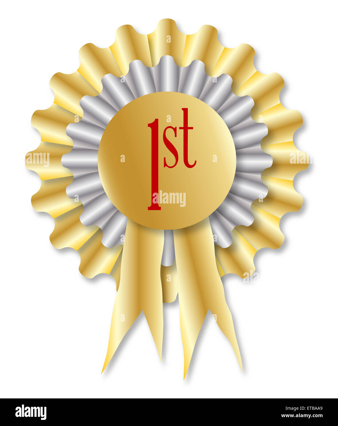 Gold and silver rosette with the legend 1st over a white background ...