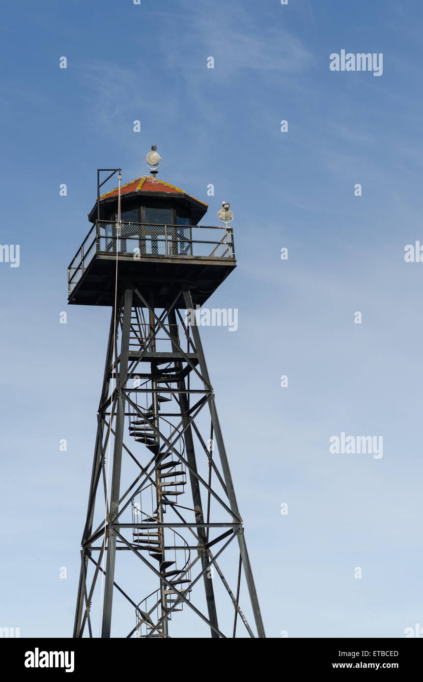 Alcatraz Prison guard tower with blue sky background in San francisco ...