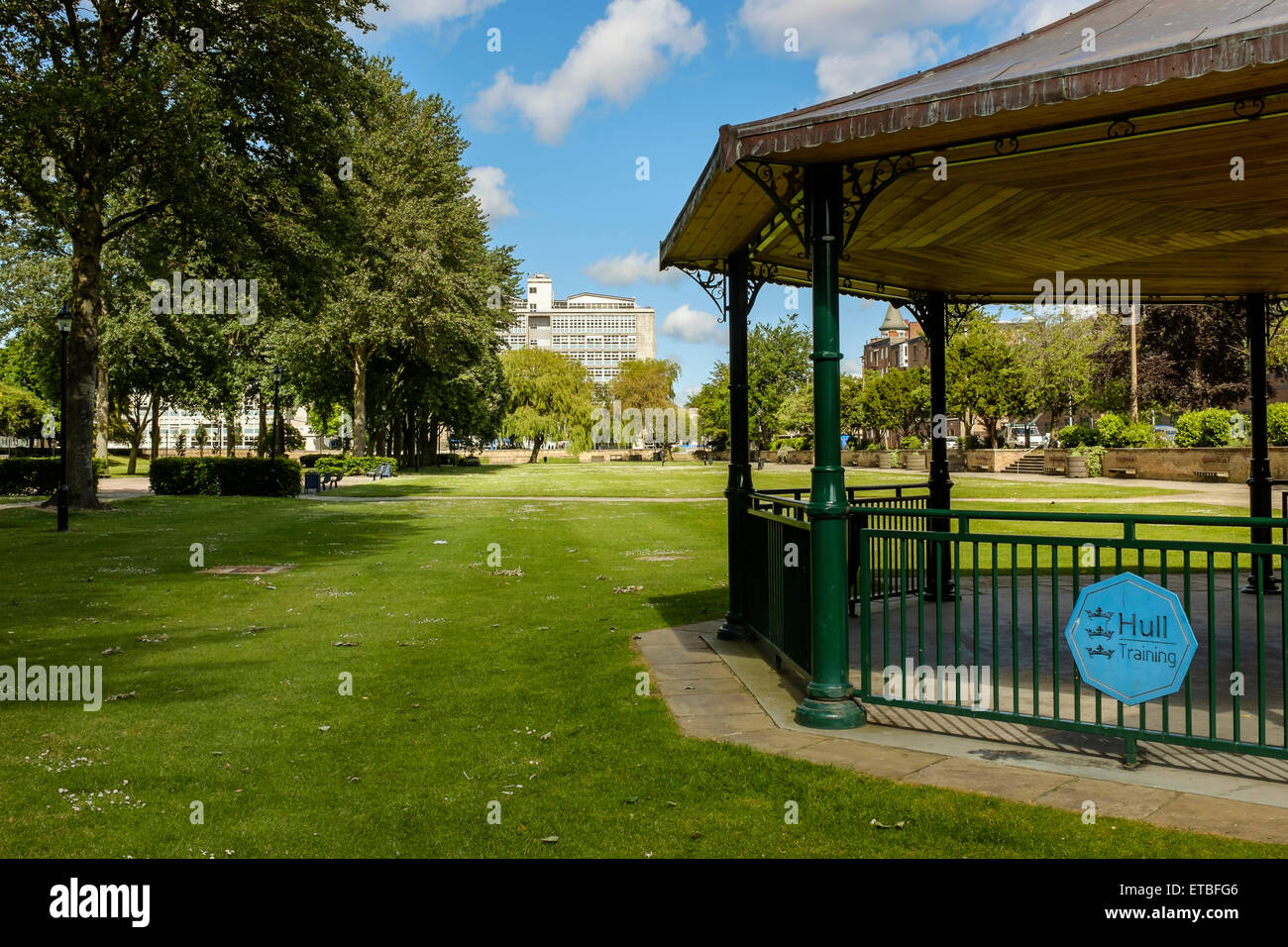 "Hull Training" sign on a bandstand in Queen's Gardens, Hull city ...