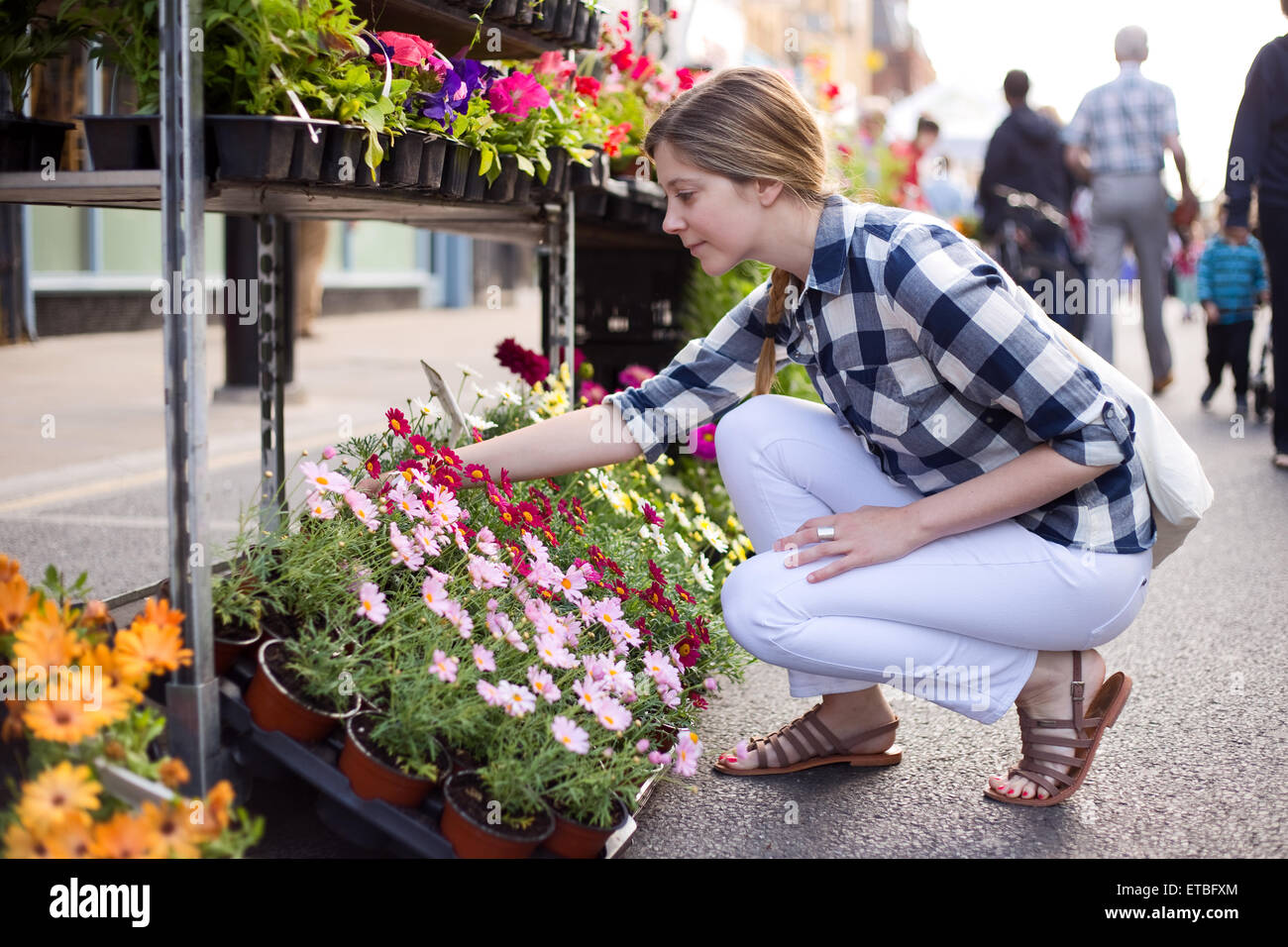 young woman choosing flowers at the market Stock Photo - Alamy