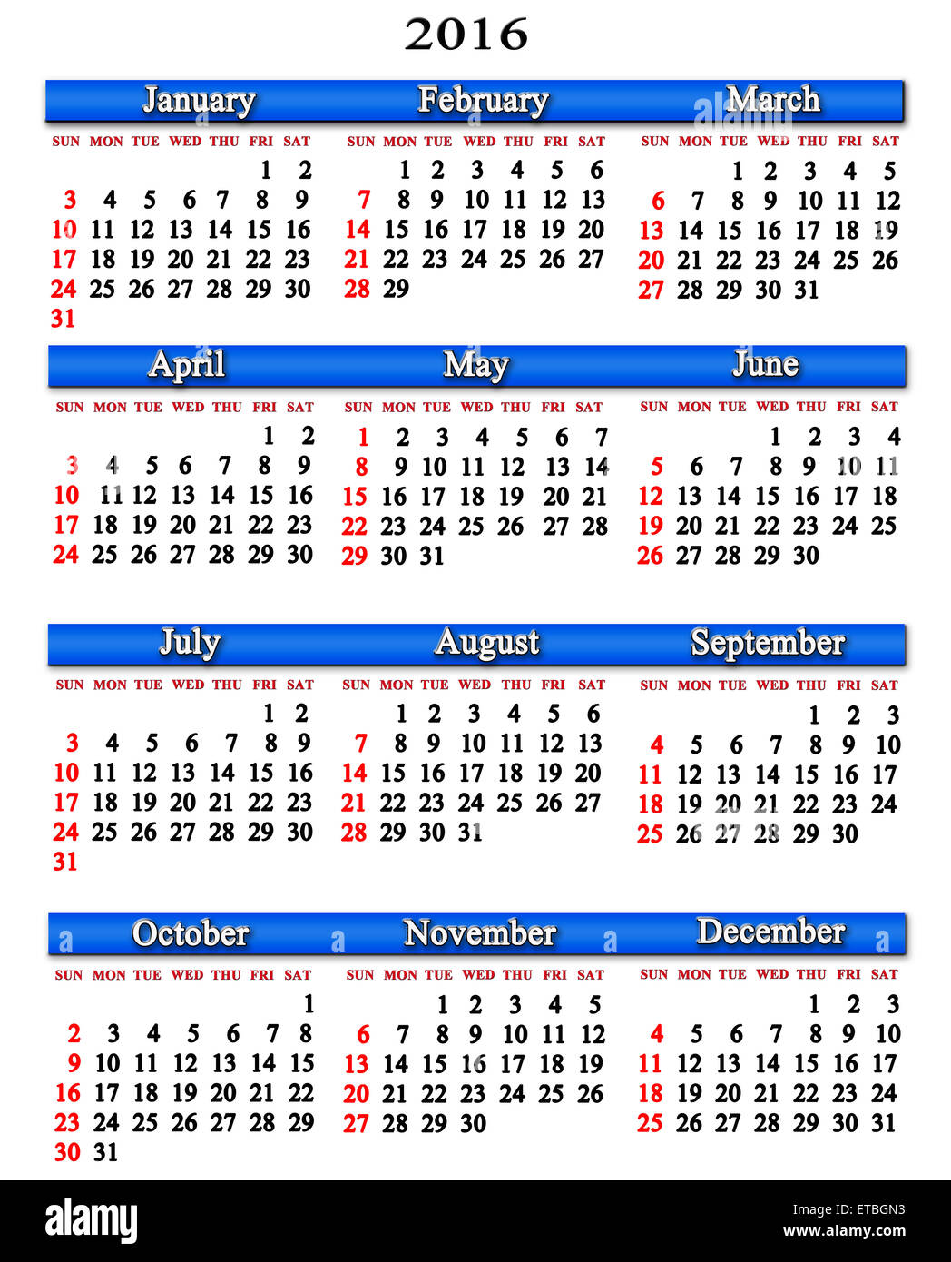 calendar for 2016 on the white background with blue lines Stock Photo ...