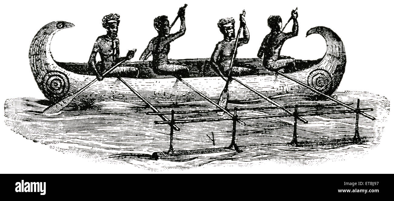 Aborigines Traveling by Canoe made of Hollow Log, New Britain, Papua ...