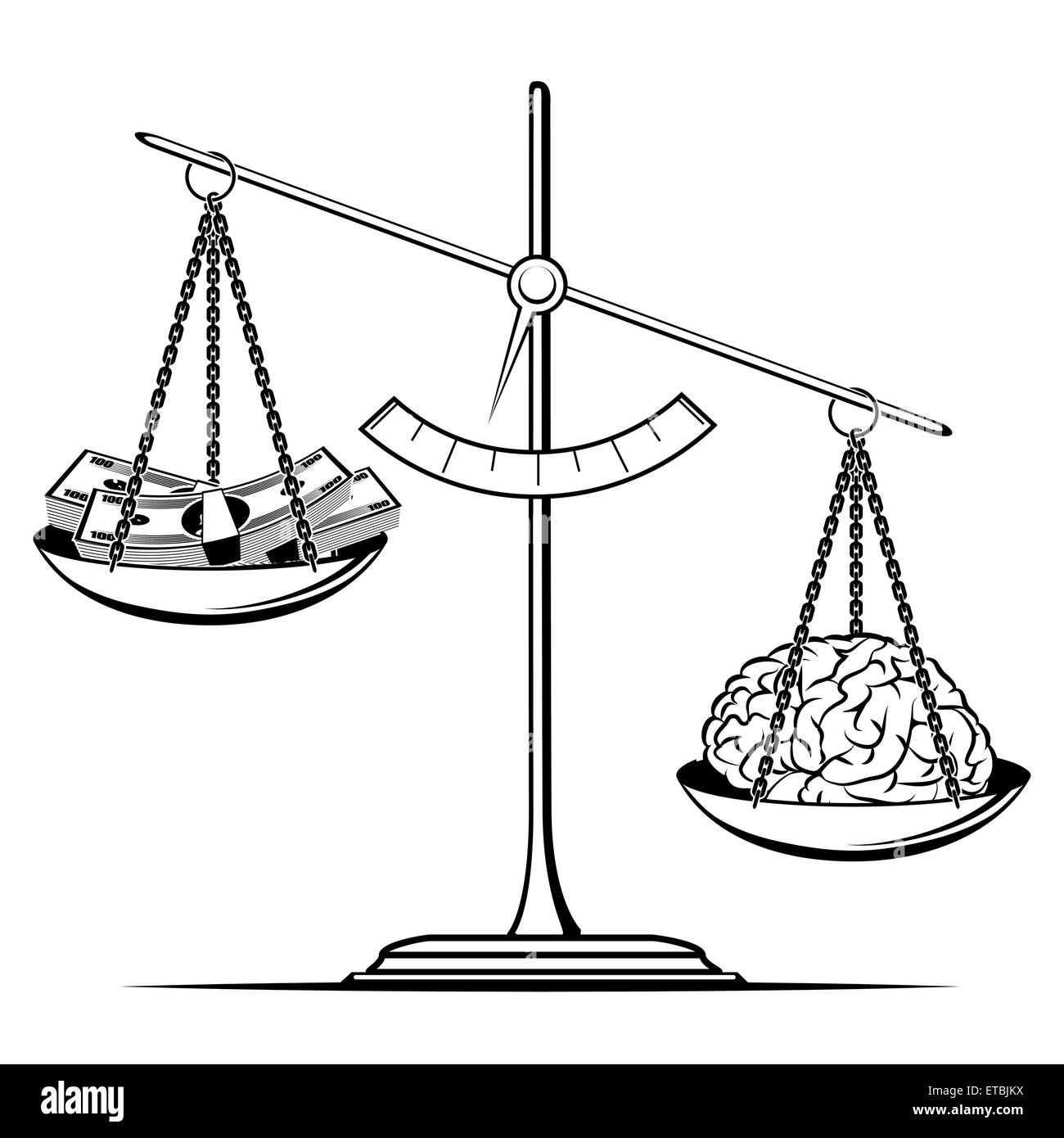 Dollar and human brain scales as metaphor of mind power. Isolated on ...