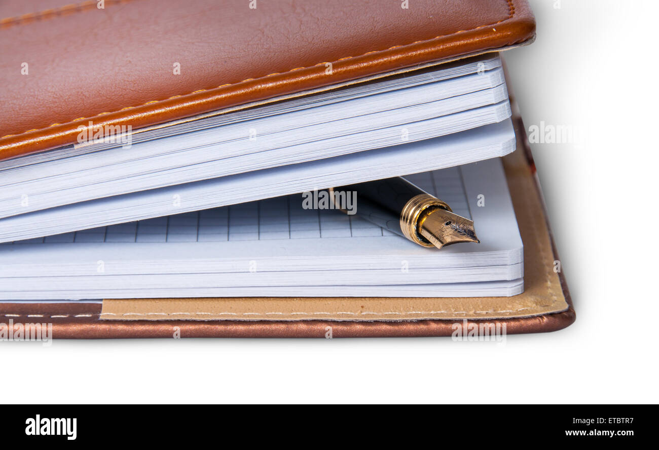 Closeup fountain pen in the notebook isolated on white background Stock ...