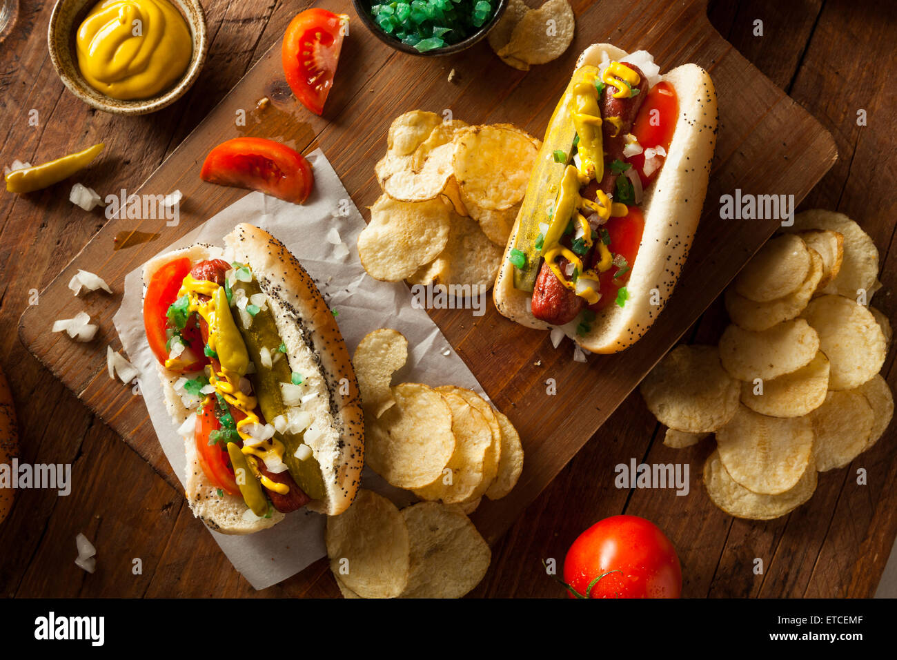 Homemade Chicago Style Hot Dog with Mustard Relish Tomato and Onion ...